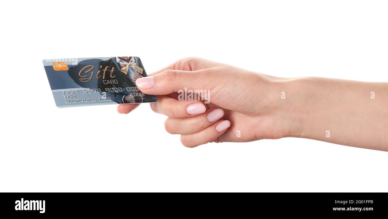Female hand and gift card on white background Stock Photo - Alamy