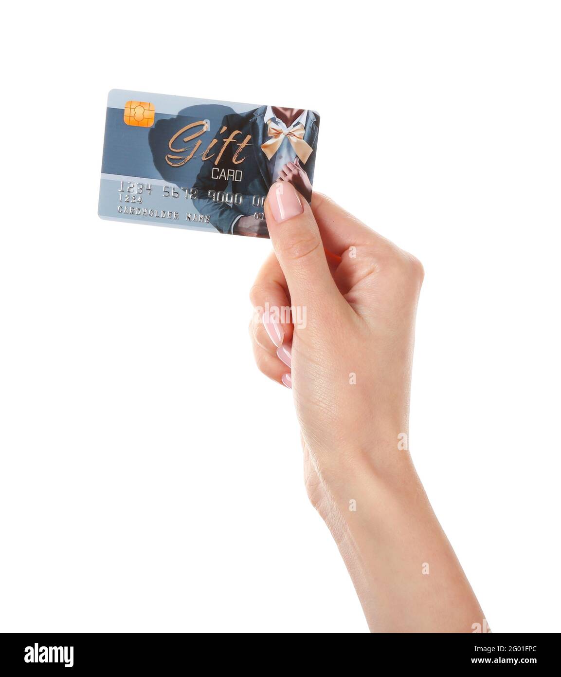 Female hand and gift card on white background Stock Photo - Alamy
