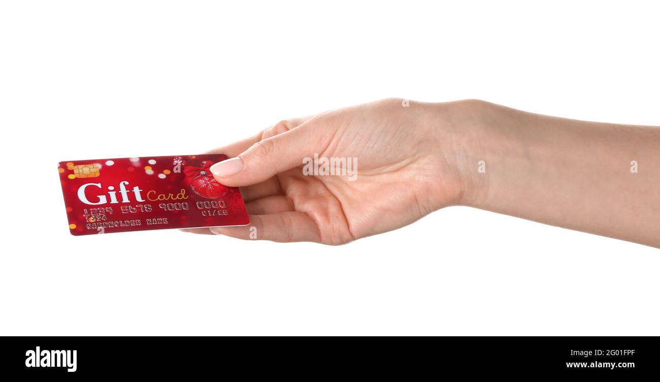 Female hand and gift card on white background Stock Photo - Alamy