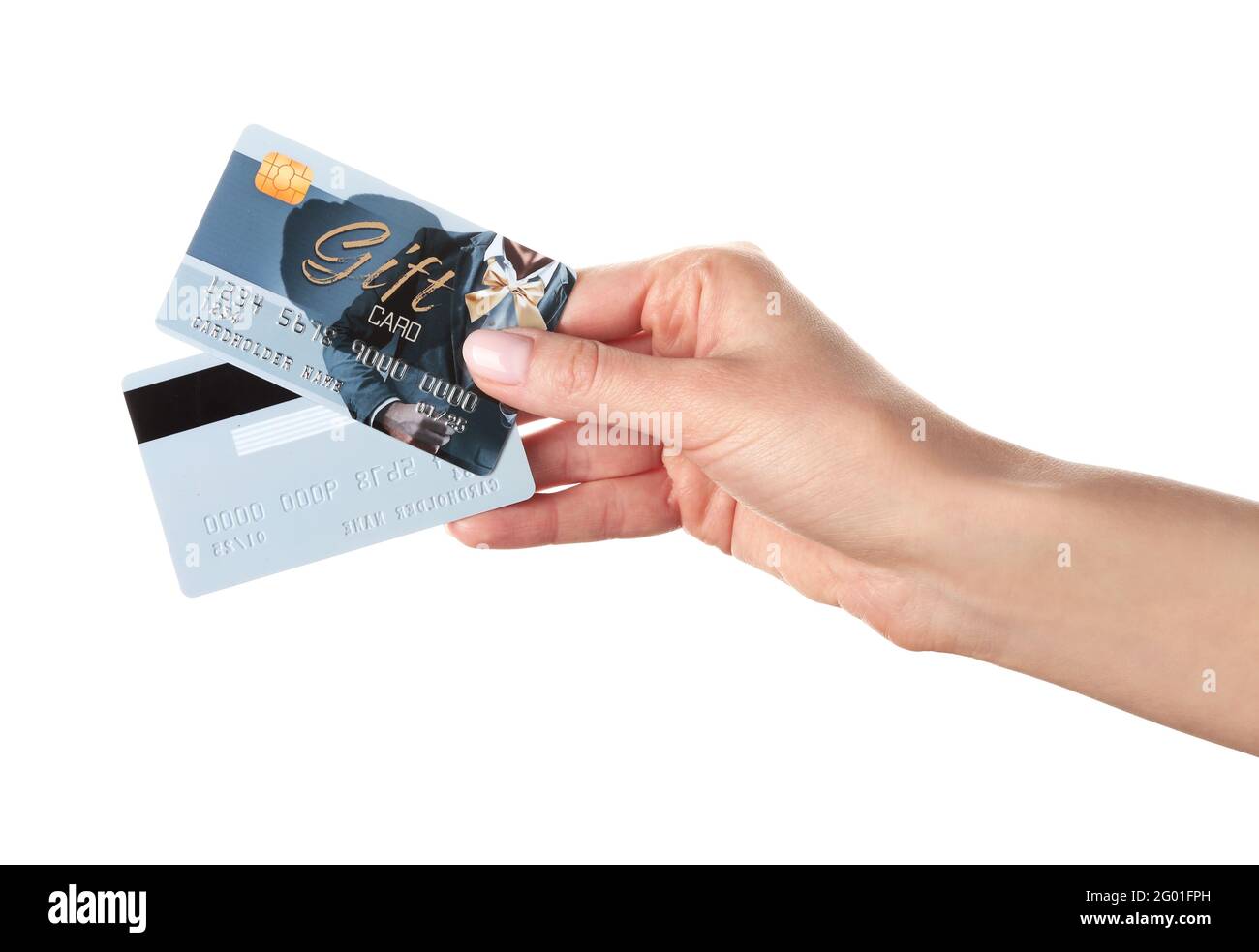 Female hand and gift cards on white background Stock Photo - Alamy