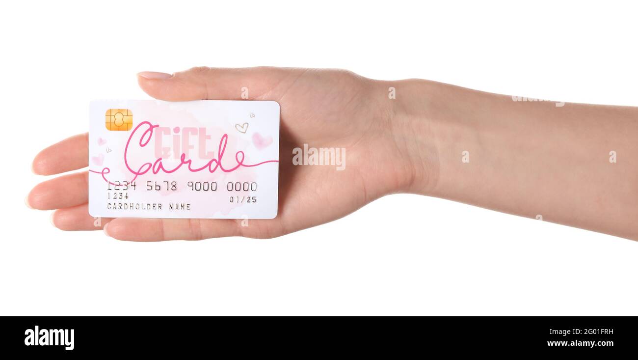 Female hand and gift card on white background Stock Photo - Alamy