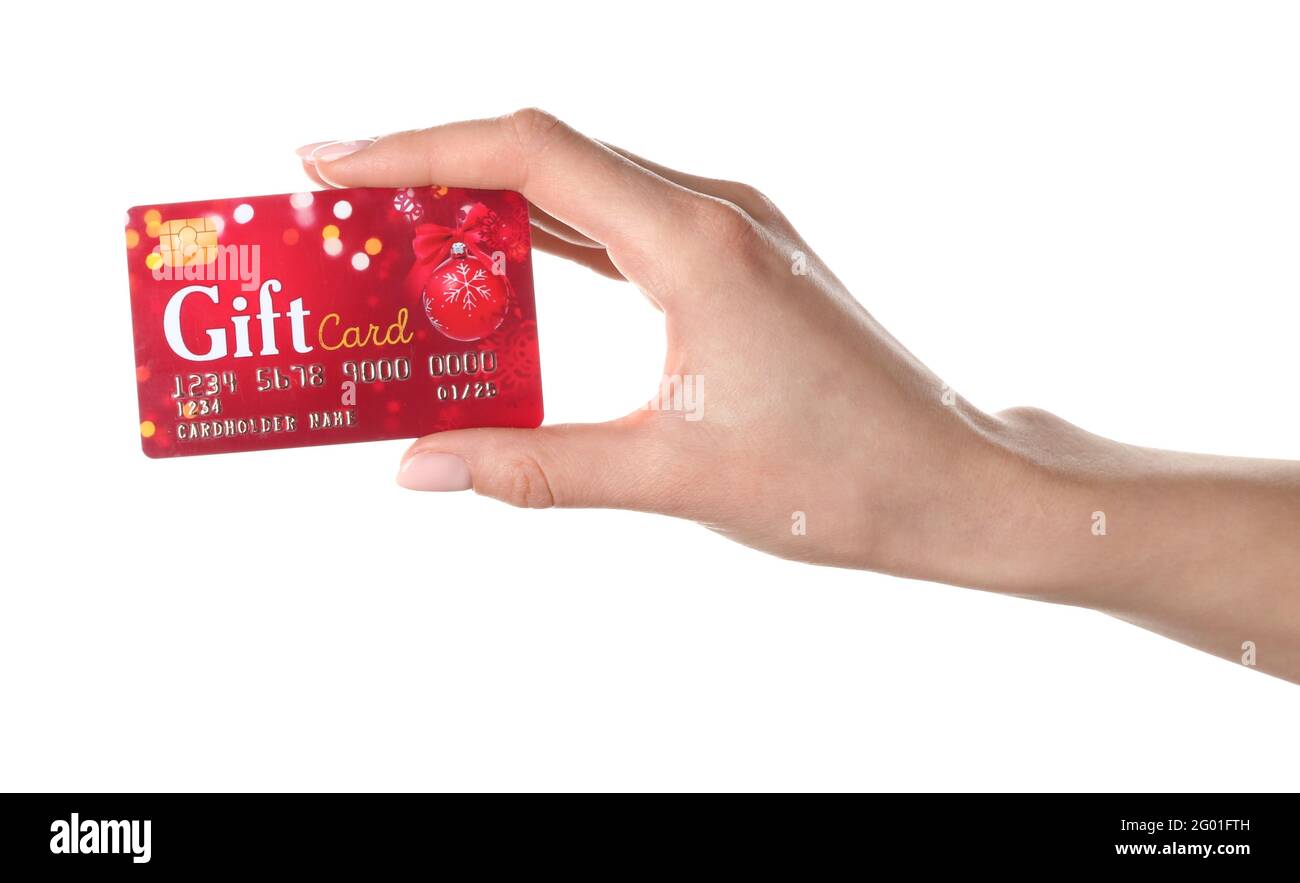 Female hand and gift card on white background Stock Photo - Alamy
