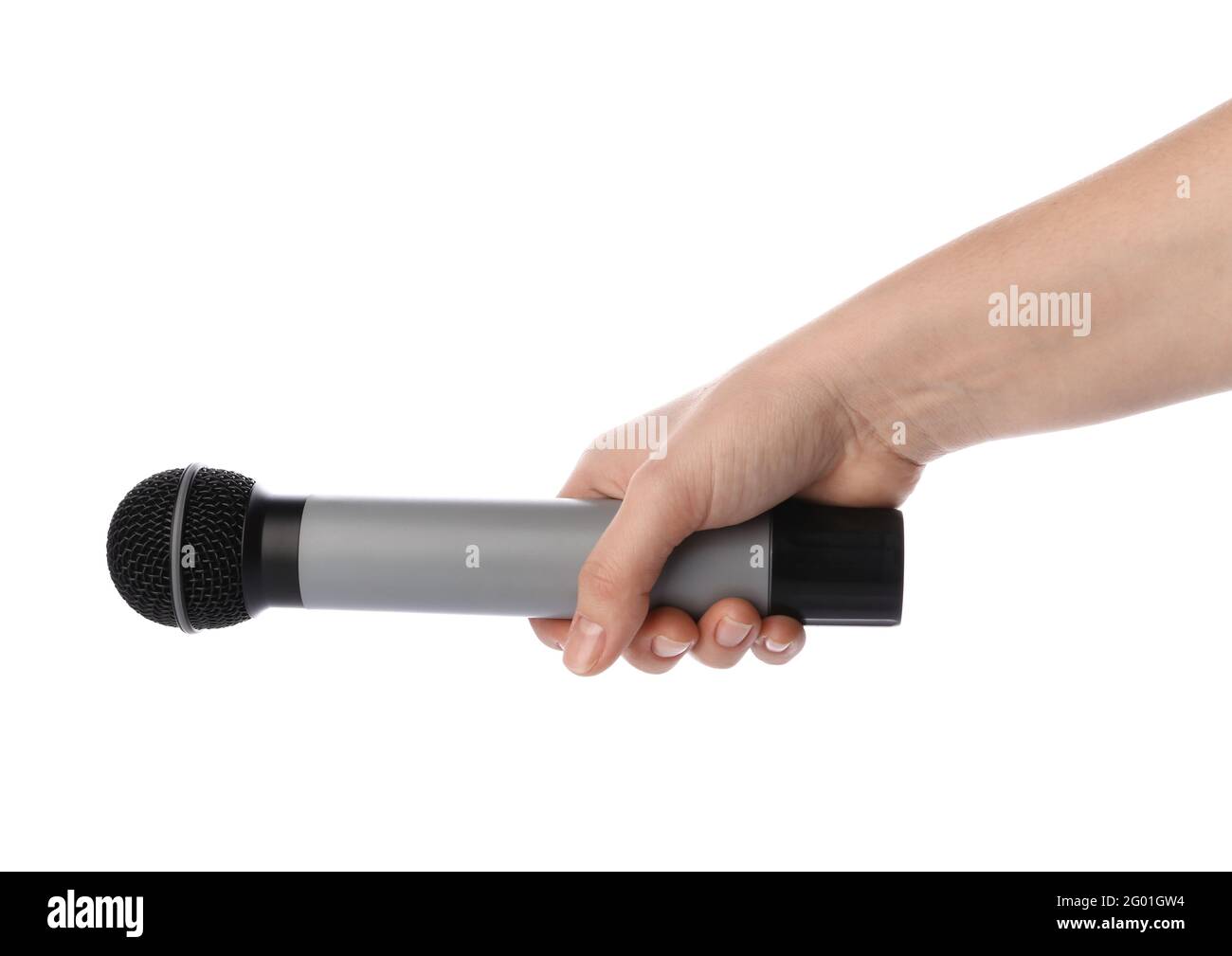 Female hand with modern microphone on white background Stock Photo - Alamy