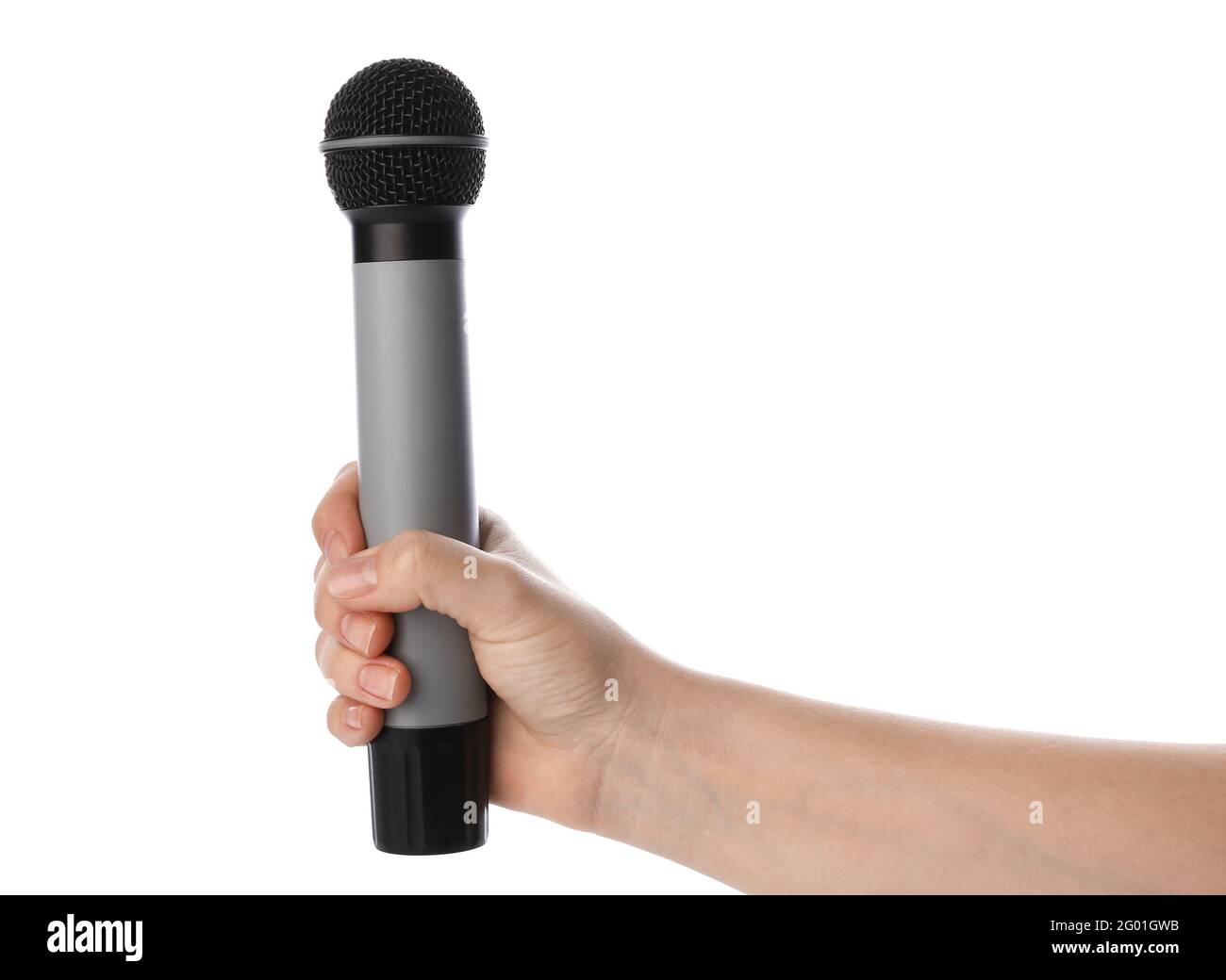Female hand with modern microphone on white background Stock Photo - Alamy