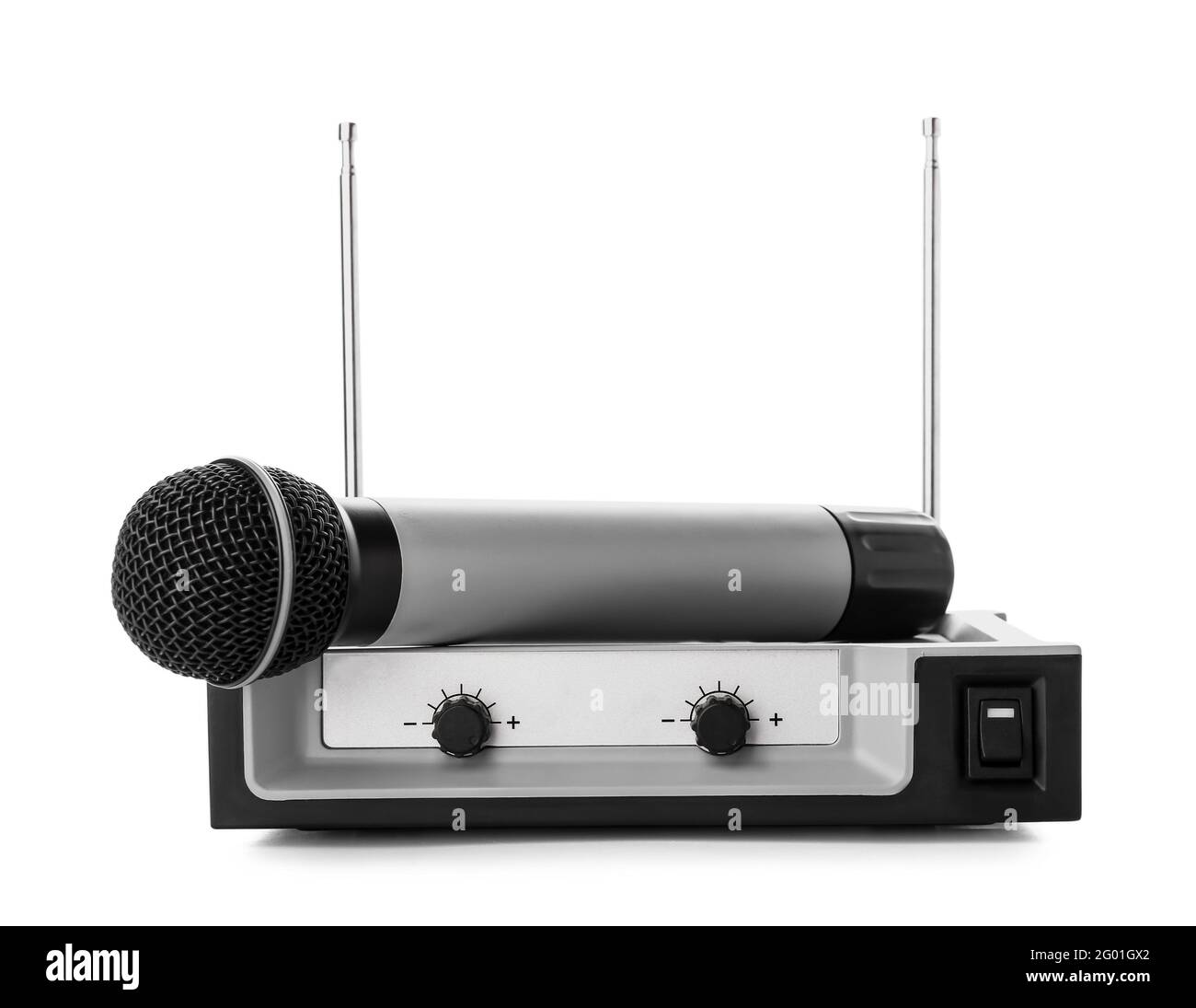 Modern microphone with audio system on white background Stock Photo - Alamy