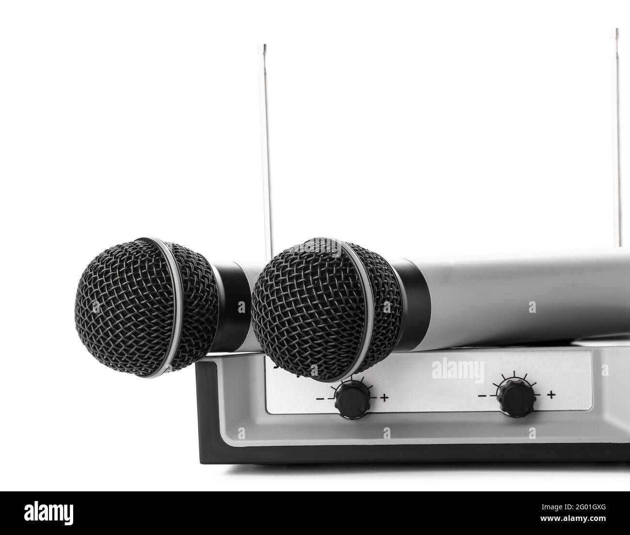 Modern microphones with audio system on white background Stock Photo ...