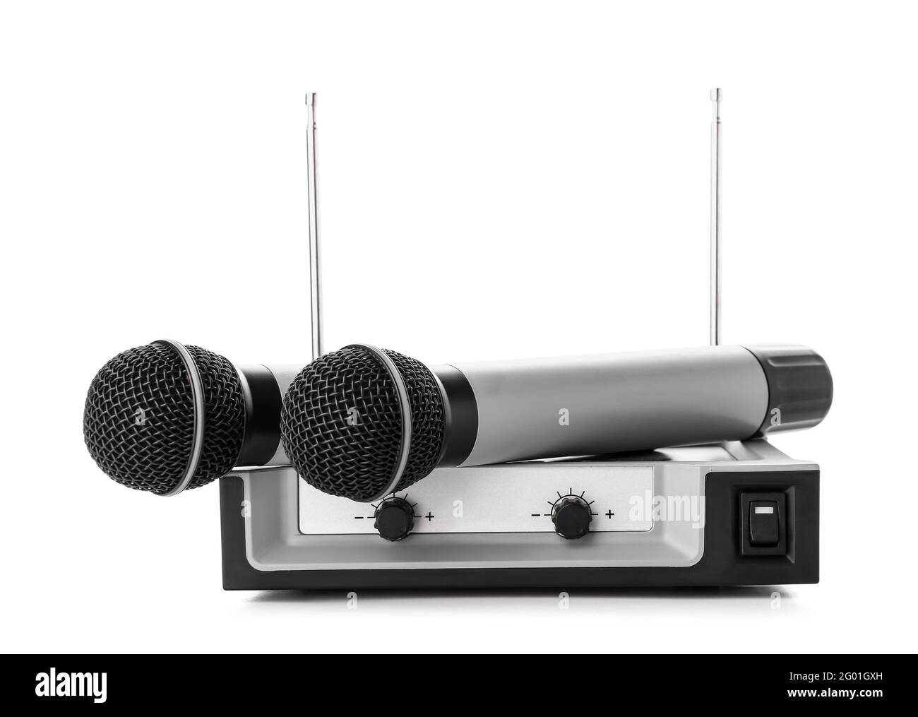 Modern microphones with audio system on white background Stock Photo ...
