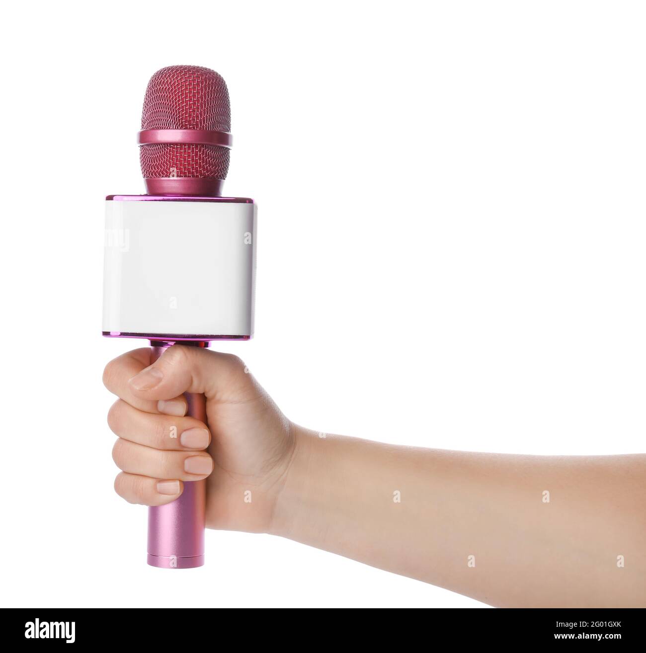 Female hand with modern microphone on white background Stock Photo - Alamy