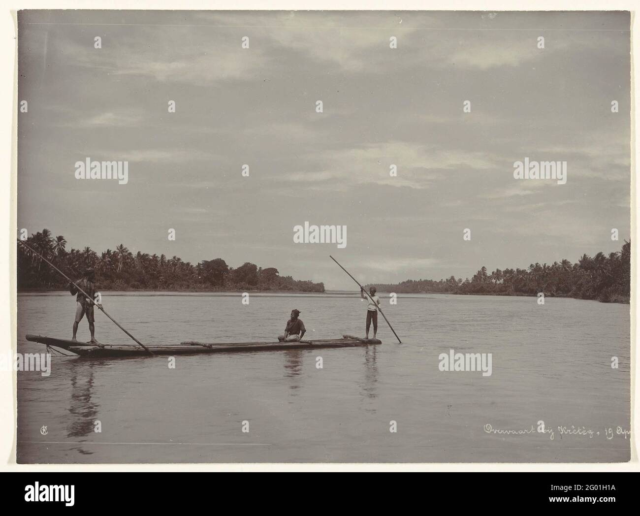 The crossing of a river with a long tree trunk boat; Transpoureration ...