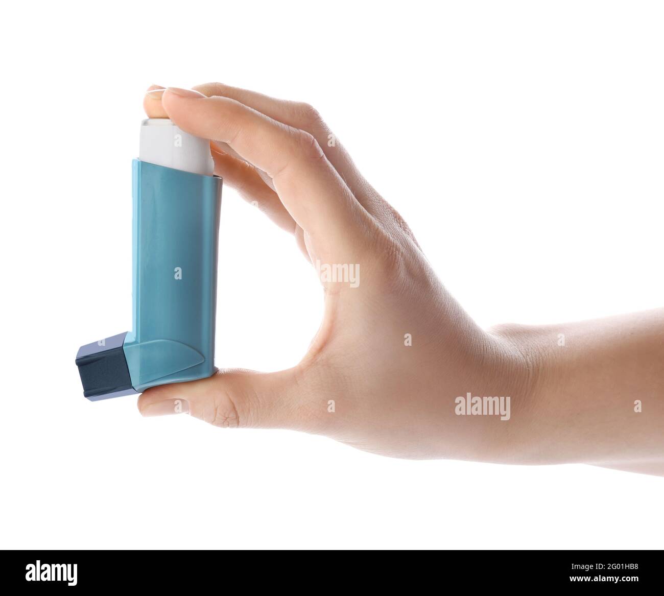 Female hand with inhaler on white background Stock Photo - Alamy