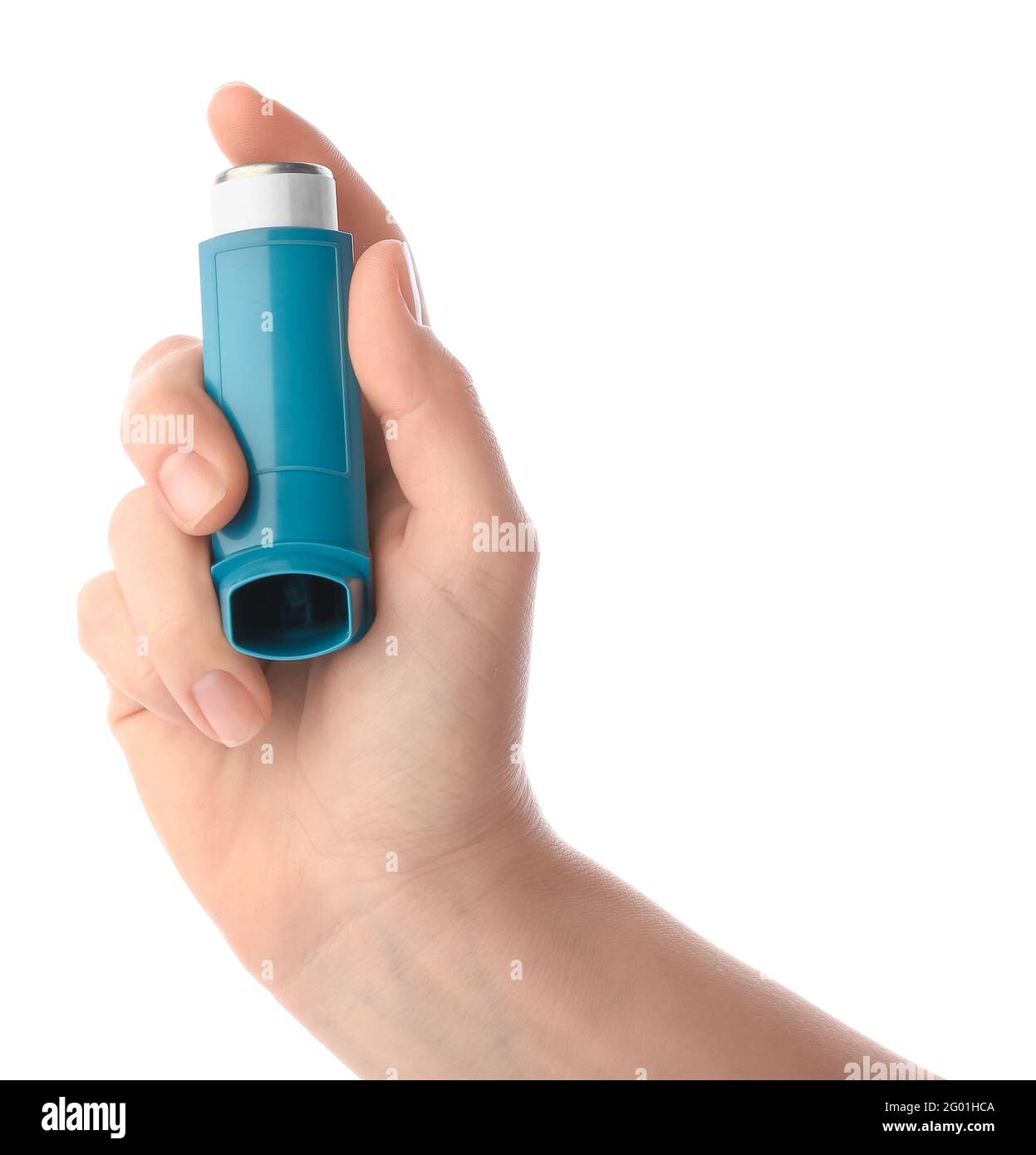 Female hand with inhaler on white background Stock Photo - Alamy