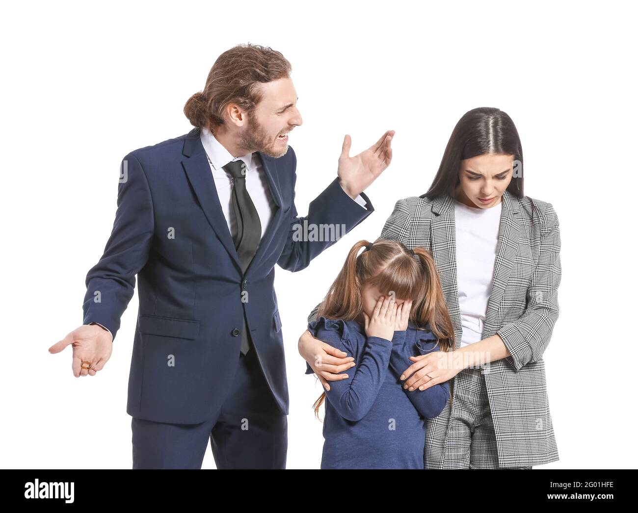 Crying little girl and her quarreling parents on white background Stock ...