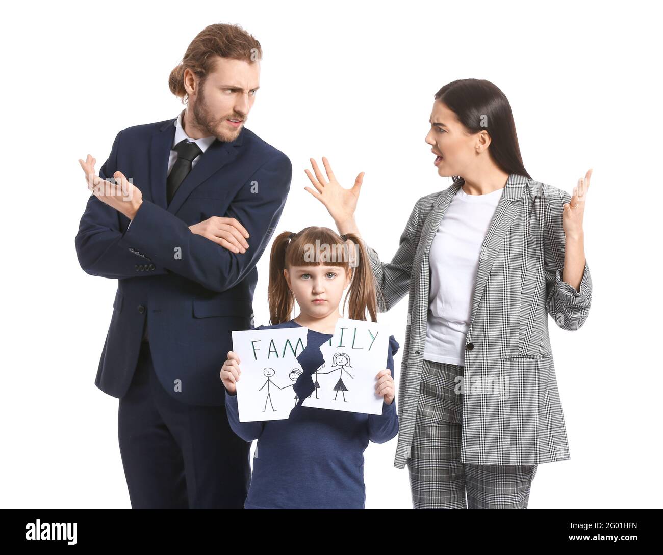 Little girl with torn picture of family and her quarreling parents on ...