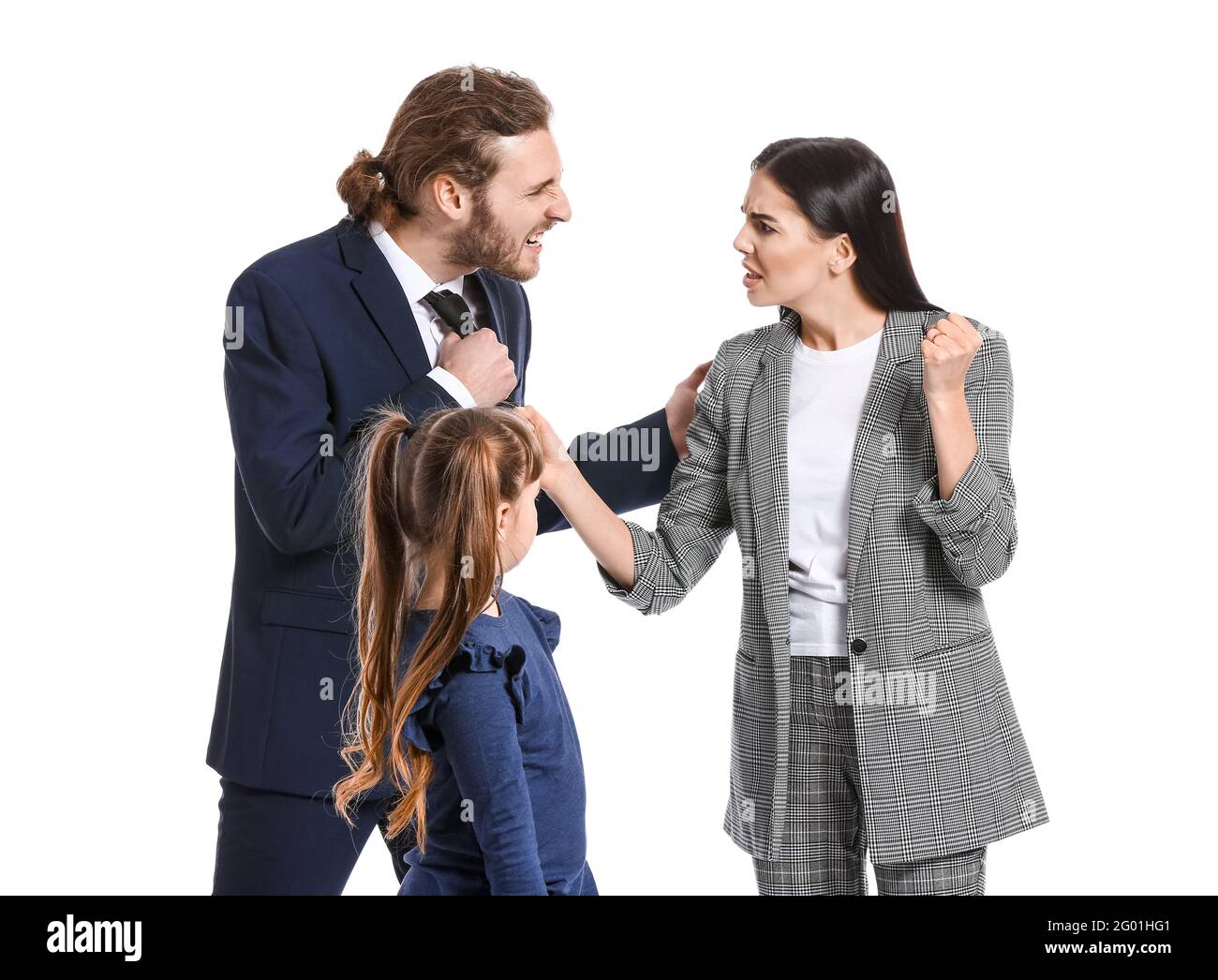 Little girl and her quarreling parents on white background Stock Photo ...