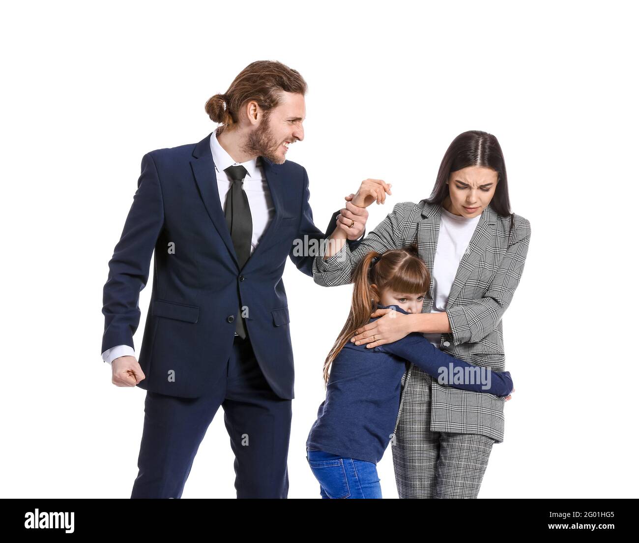 Little girl and her quarreling parents on white background Stock Photo ...