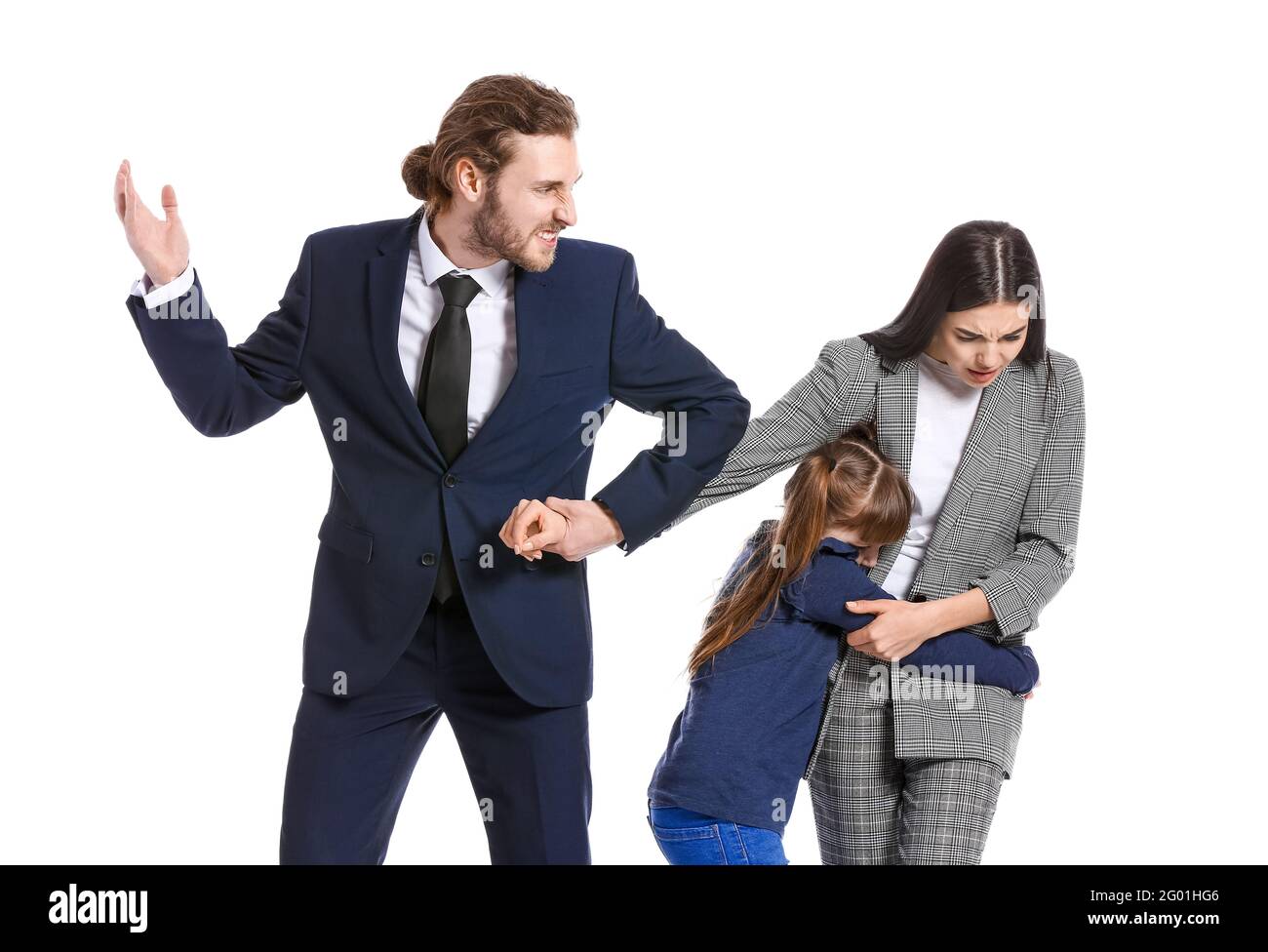 Little girl and her quarreling parents on white background Stock Photo ...