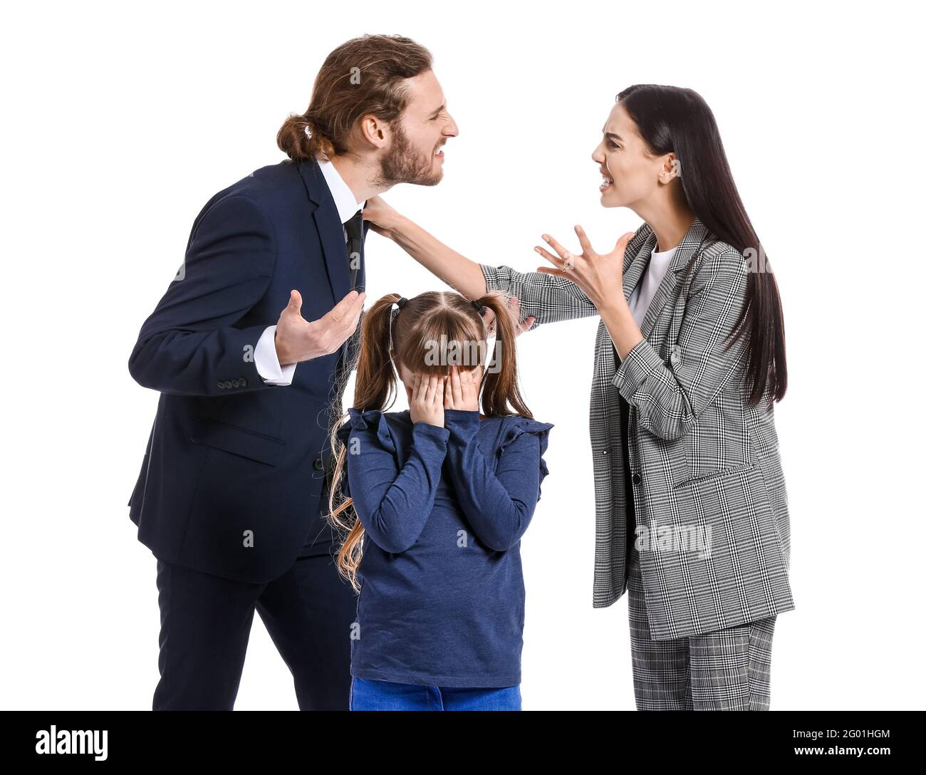 Little girl and her quarreling parents on white background Stock Photo ...