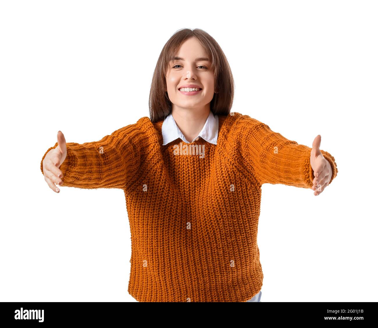 Young woman opening arms for hug on white background Stock Photo - Alamy