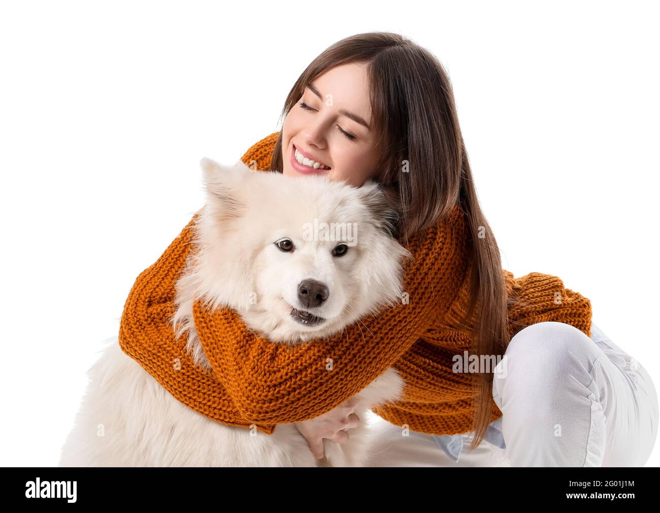 Beautiful woman with cute dog on white background Stock Photo - Alamy