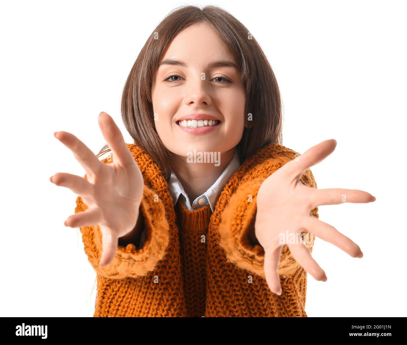 Young woman opening arms for hug on white background Stock Photo - Alamy