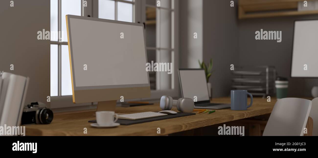 3D rendering, side view of computer monitor with mock-up screen and ...