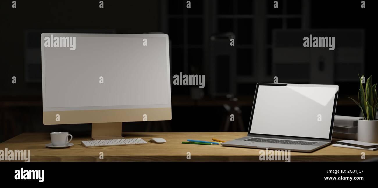 3D rendering, computer and laptop with mock-up screen on wooden table ...