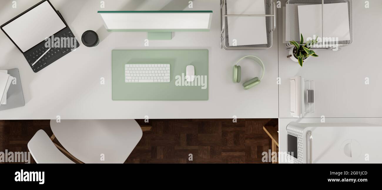 3D rendering, top view of office workspace with computer, digital ...