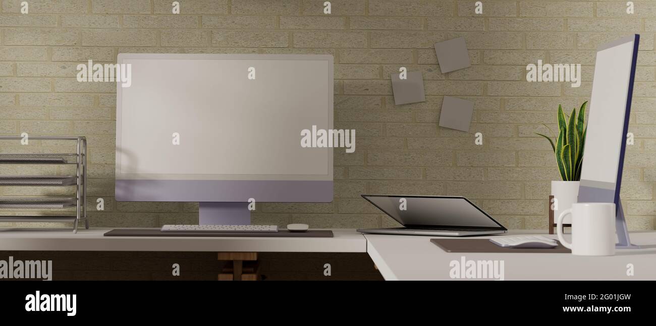 3D rendering, computers and laptop with mock-up screen on office desk ...