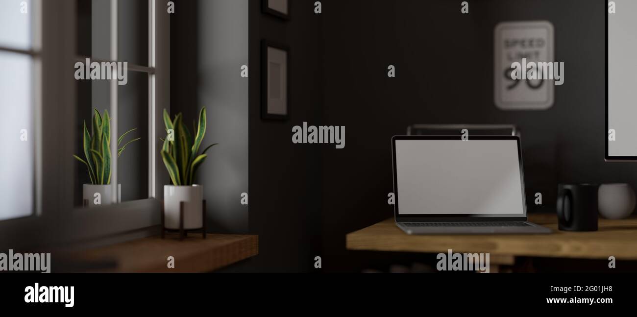 3D rendering, laptop with mock-up screen on office desk and decorations ...