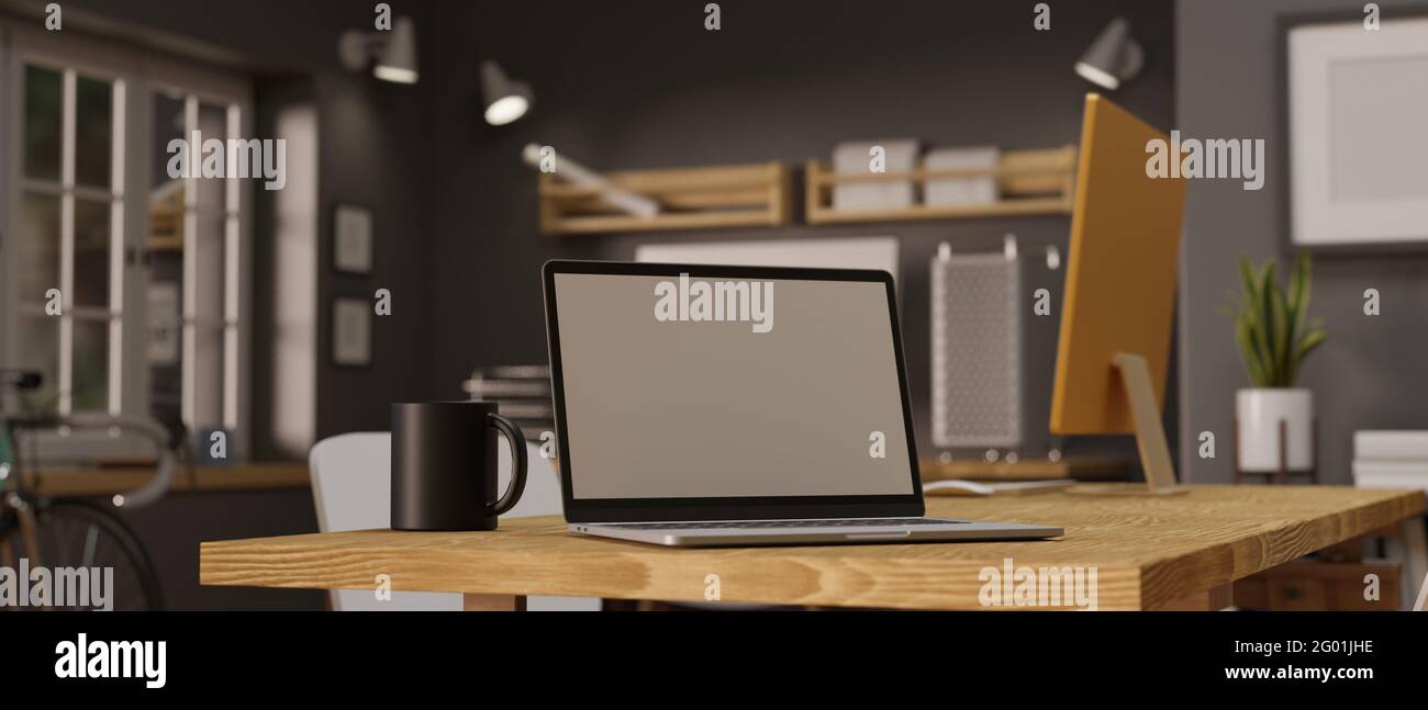 3D rendering, laptop with mock-up screen on wooden office table in ...