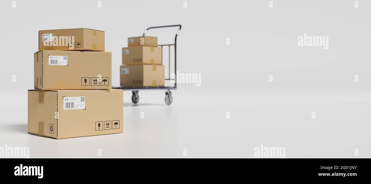 3D rendering, stack of cardboard boxes and cart in the storage ...