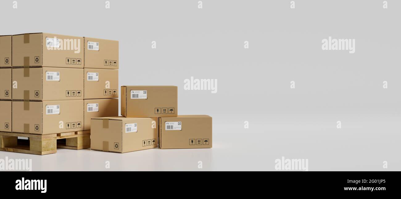 3D rendering, stack of cardboard boxes in the warehouse in white ...