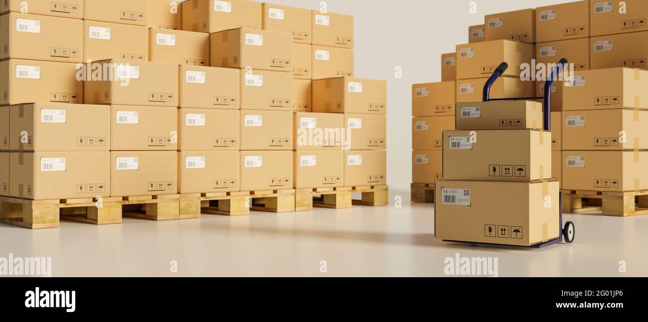 3D rendering, logistic concept, cardboard boxes stacked in the storage ...