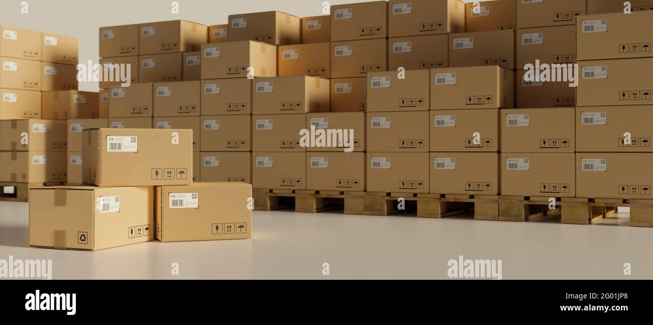 3D rendering, cardboard boxes stacked in the storage warehouse, 3D ...