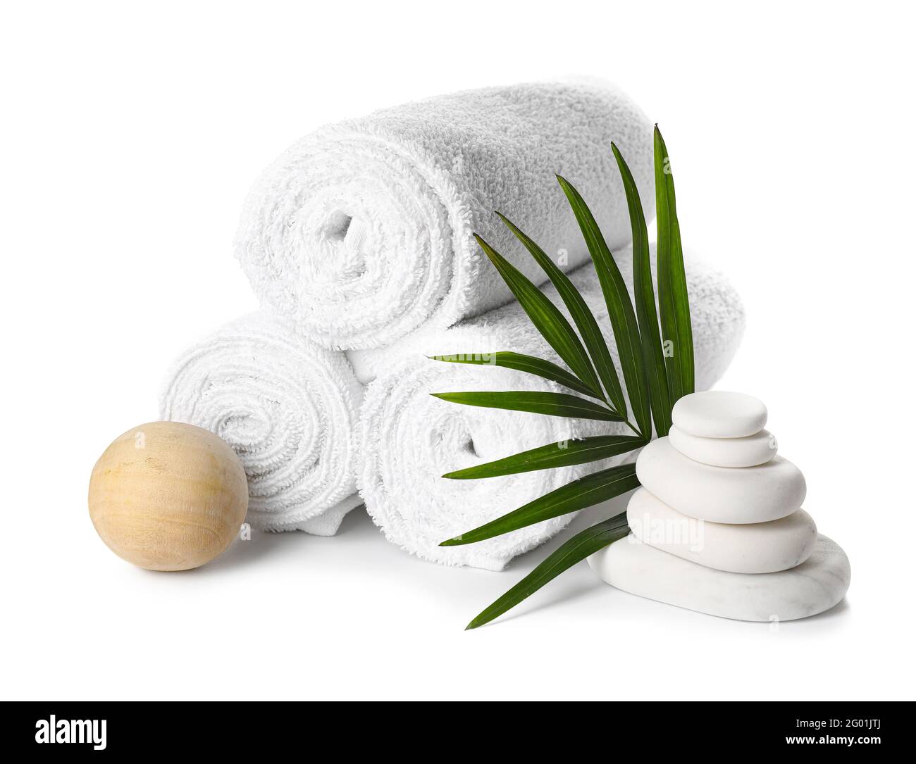 Composition with towels and massage ball on white background Stock ...