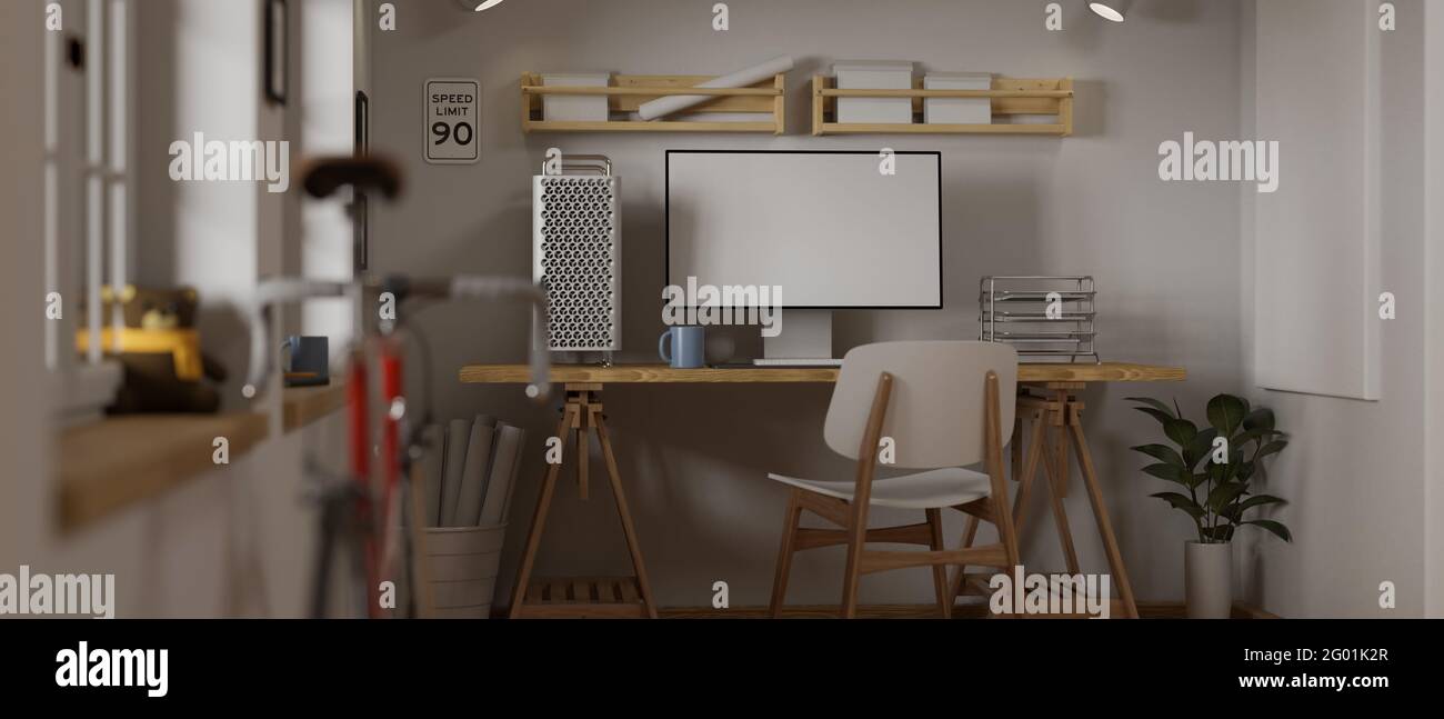 3D rendering, cozy office room with computer desk, supplies ...
