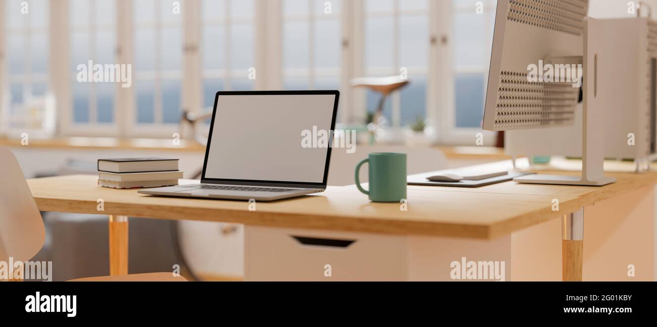 3D rendering, laptop with mock-up screen on wooden office desk with ...