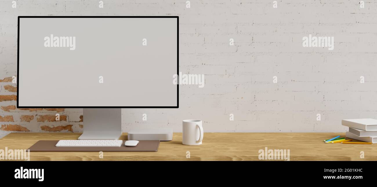 3D rendering, computer monitor with mock-up screen on wooden table with ...