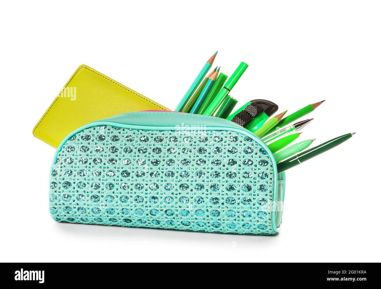 Pencil case with stationery on white background Stock Photo - Alamy