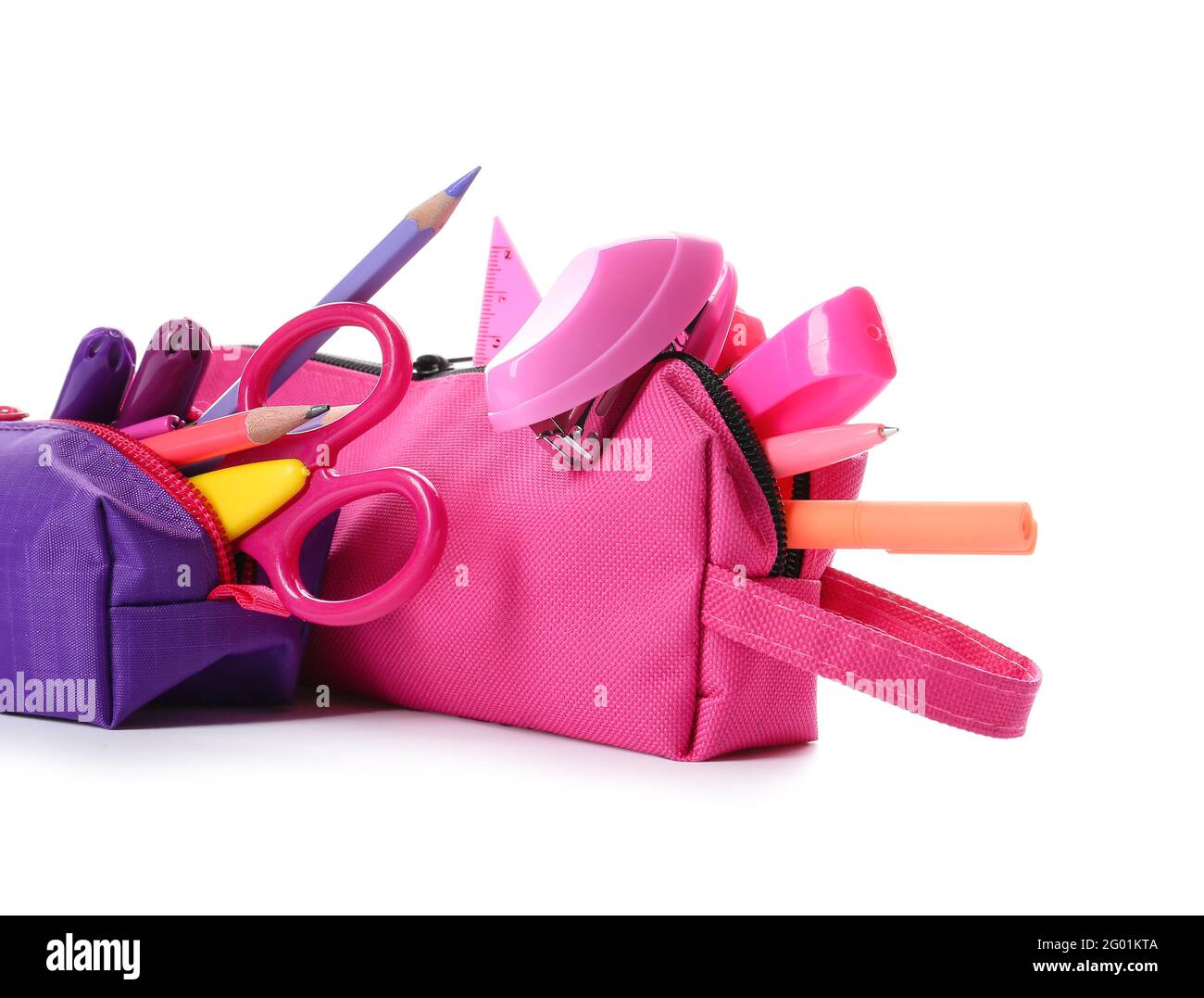 Pencil case with stationery on white background Stock Photo - Alamy