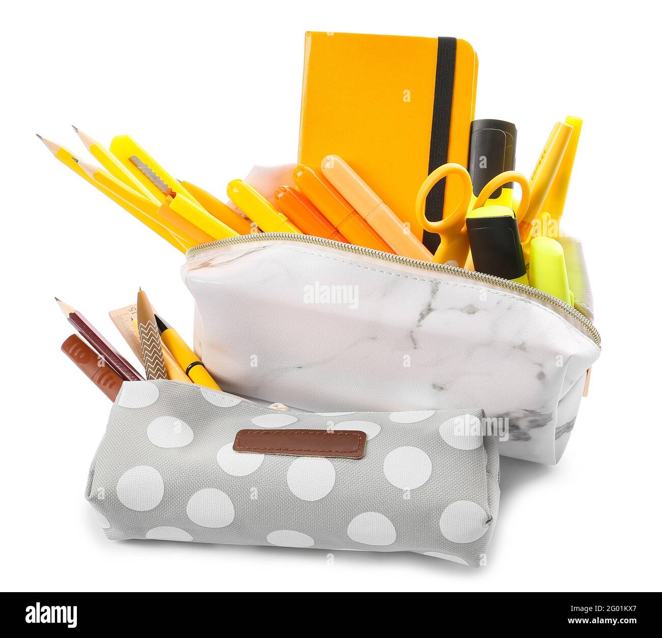 Pencil cases with stationery on white background Stock Photo - Alamy