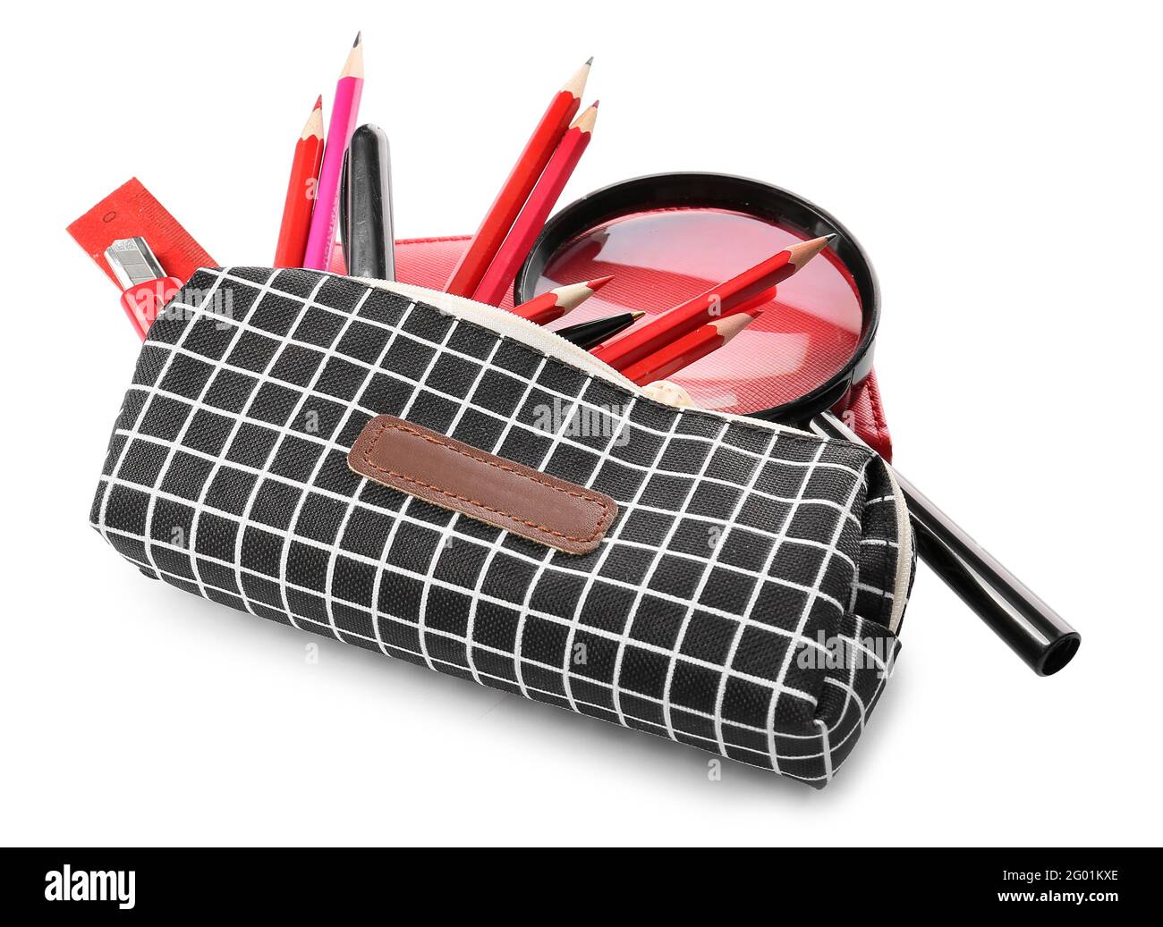 Pencil case with stationery on white background Stock Photo - Alamy