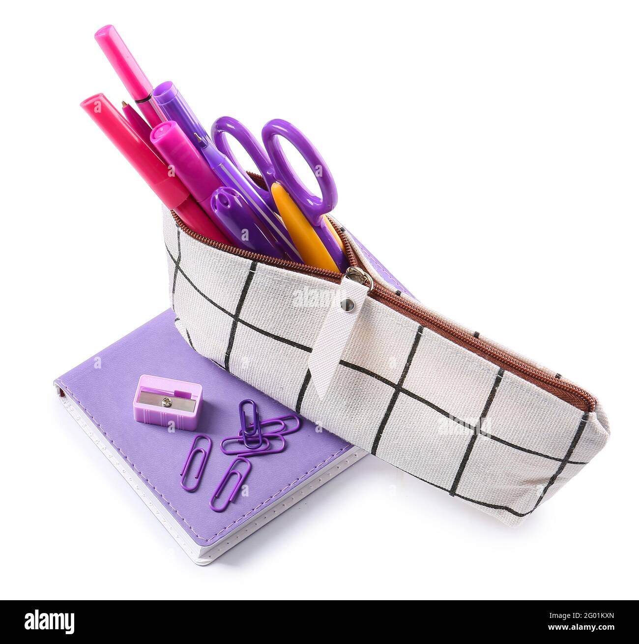 Pencil case with stationery on white background Stock Photo - Alamy