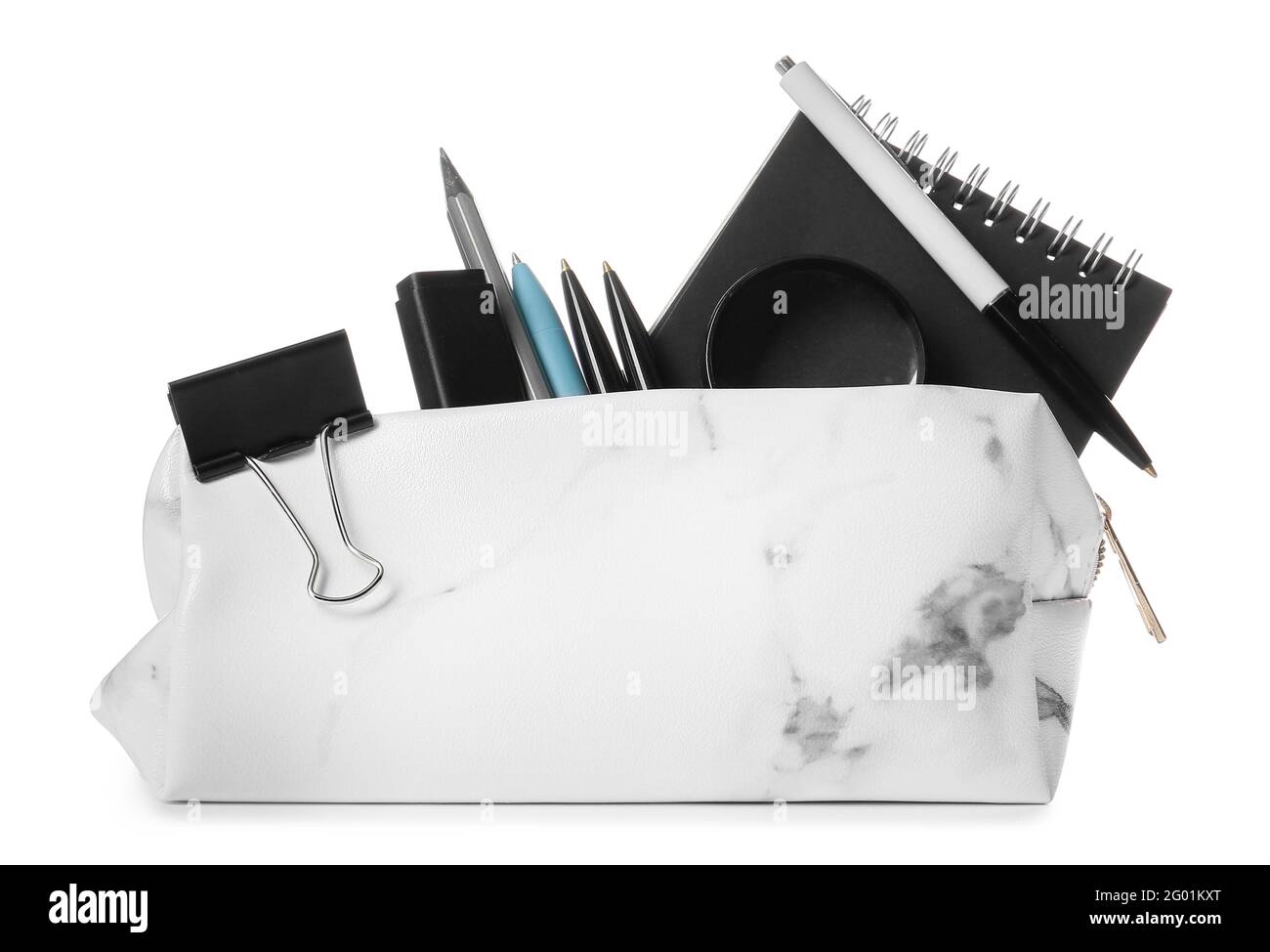 Pencil case with stationery on white background Stock Photo - Alamy