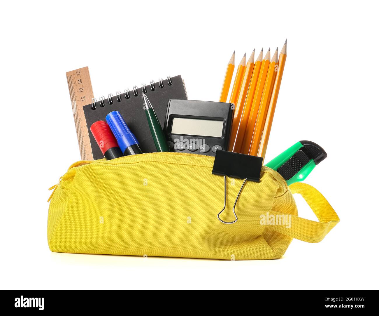 Pencil case with stationery on white background Stock Photo - Alamy