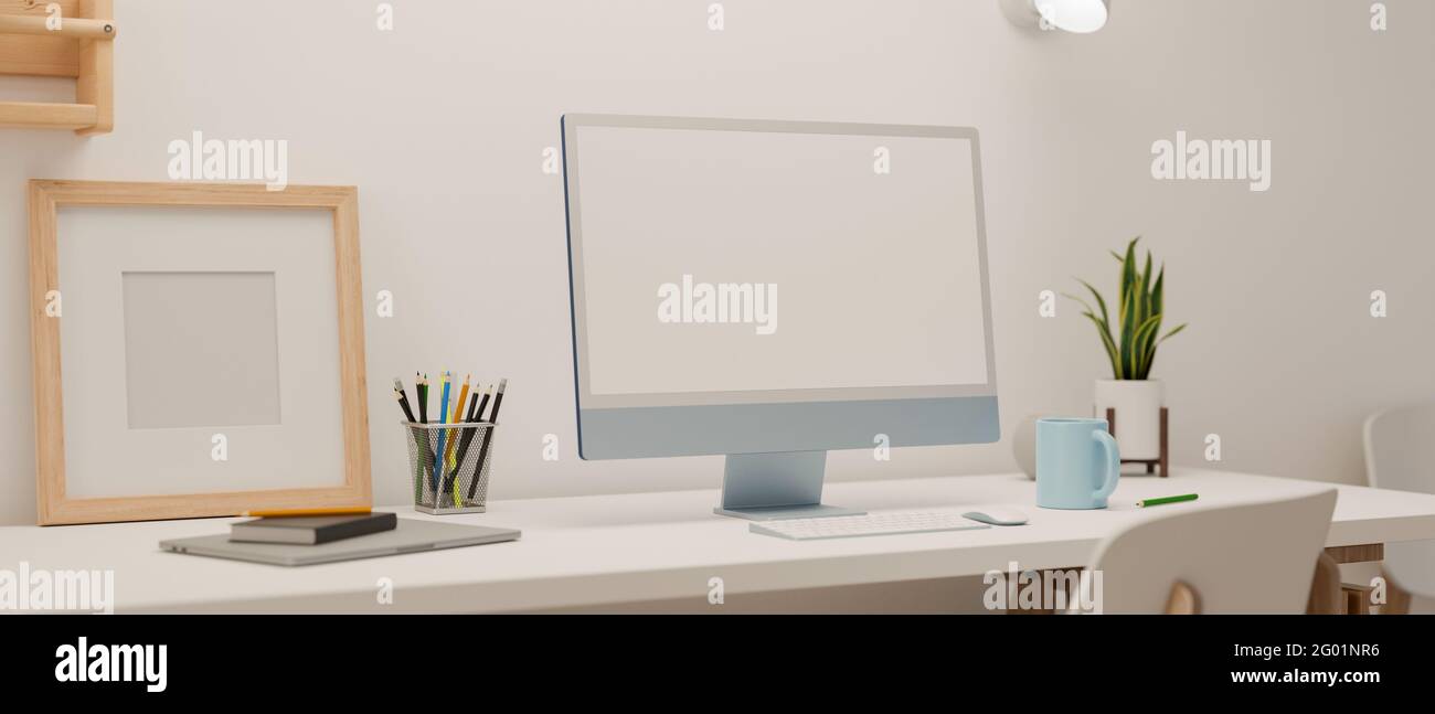 3D rendering, computer device with mock-up screen on white table with ...