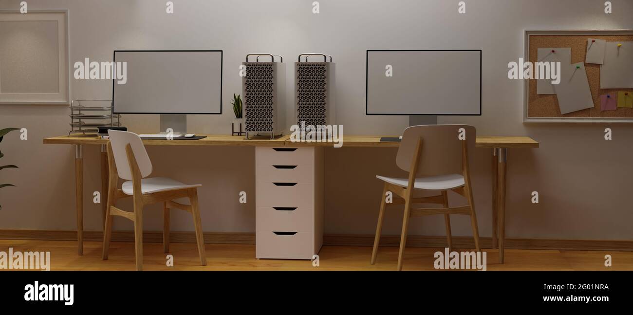3D rendering, Simple office interior design with two computer devices ...