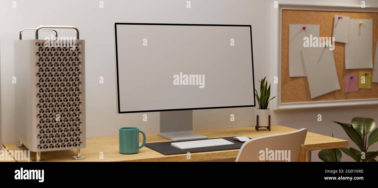 3D rendering, computer with mock-up screen the table, notice board and ...