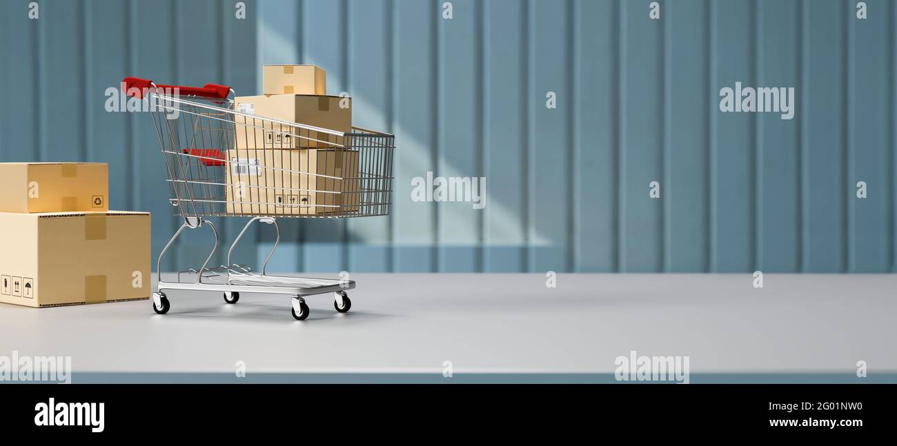 Cardboard boxes stacked in a cart at storage warehouse with blue plank ...