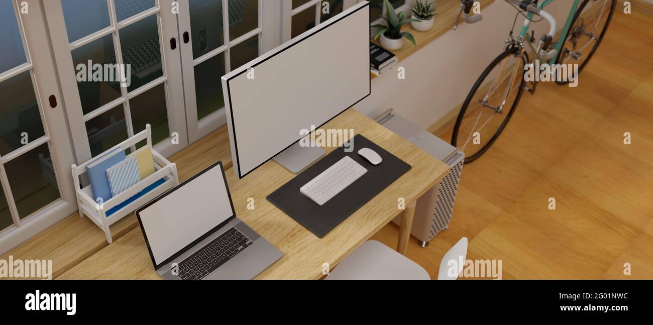 3D rendering, top view of home office desk beside the window and ...